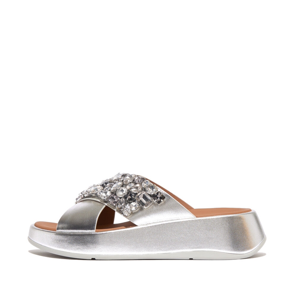 F-MODE Jewel-Deluxe Metallic-Leather Flatform Cross Slides - Silver ...