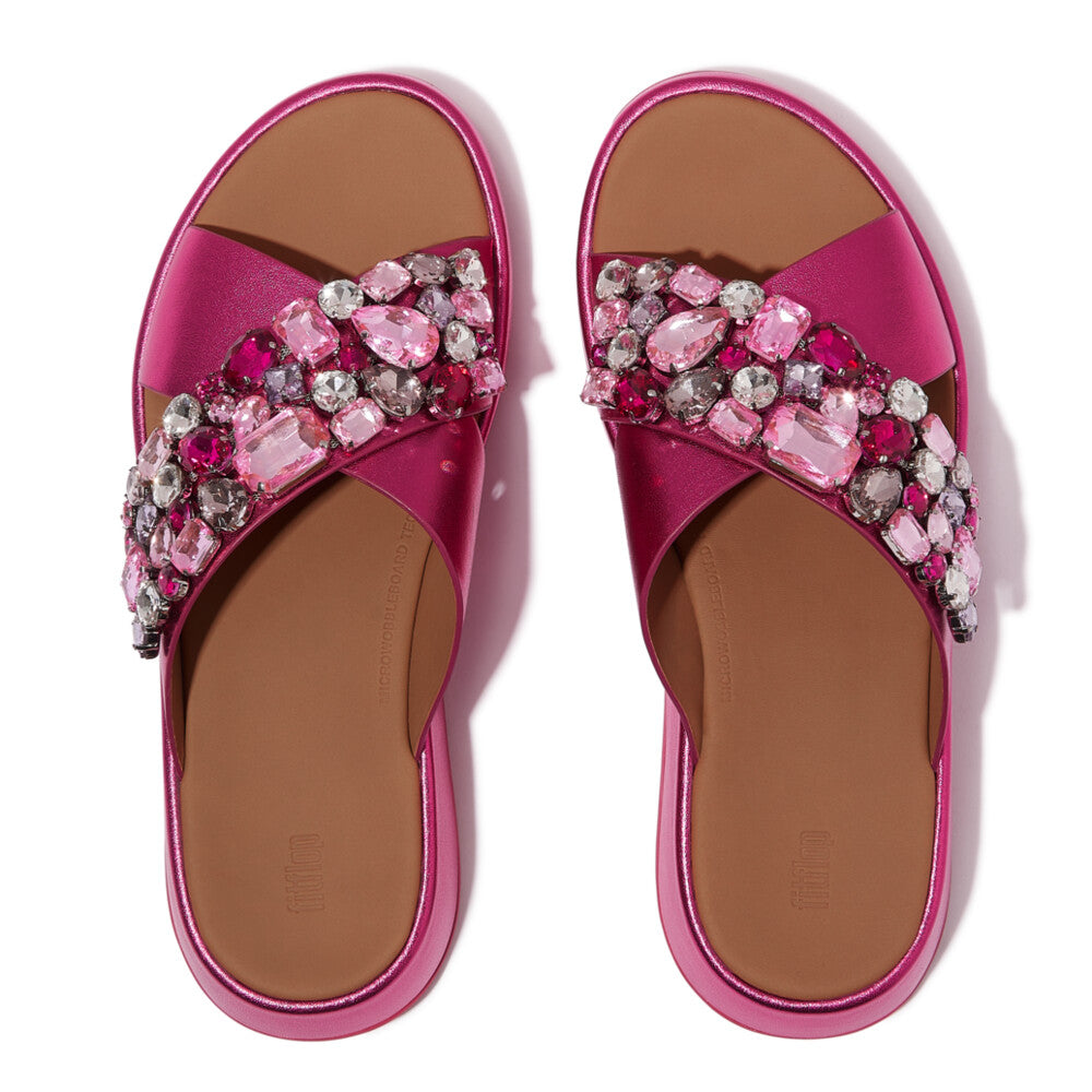 F-MODE Jewel-Deluxe Metallic-Leather Flatform Cross Slides - Metallic ...