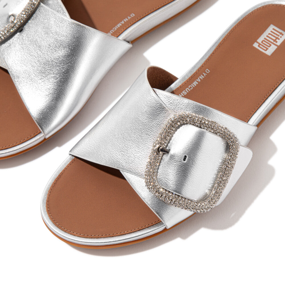 FitFlop GRACIE Crystal Maxi-Buckle Metallic-Leather Slides - Silver ...