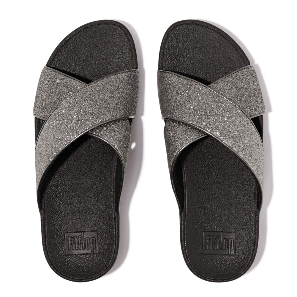 FitFlop Lulu Glitterdust Cross Slides Sandals - Pewter (IK6-054 ...