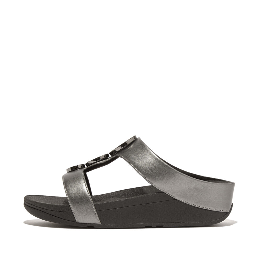 FitFlop HALO Bead-Circle Metallic H-Bar Slides - Pewter Black (HJ2-B06 ...