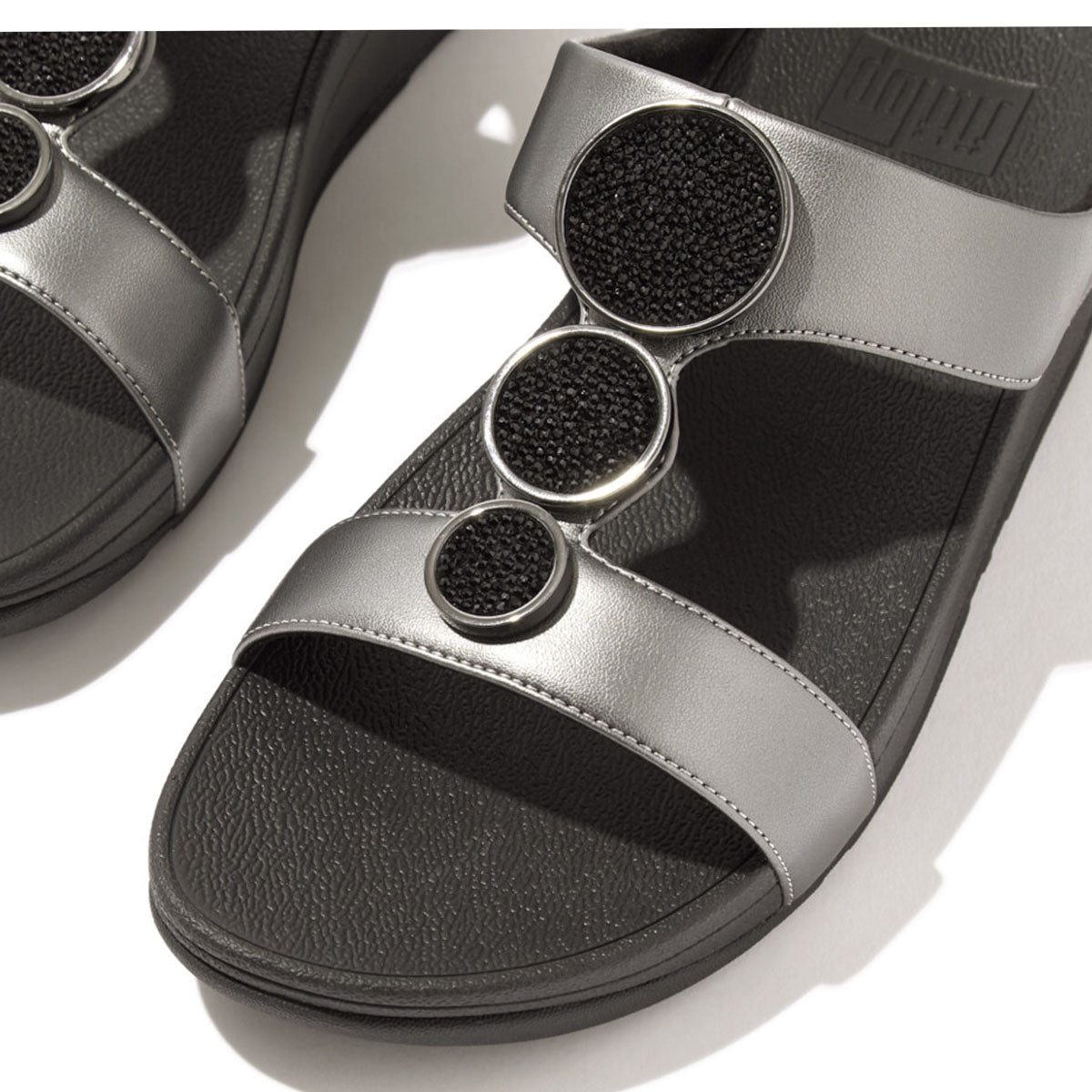 FitFlop HALO Bead-Circle Metallic H-Bar Slides - Pewter Black (HJ2-B06 ...