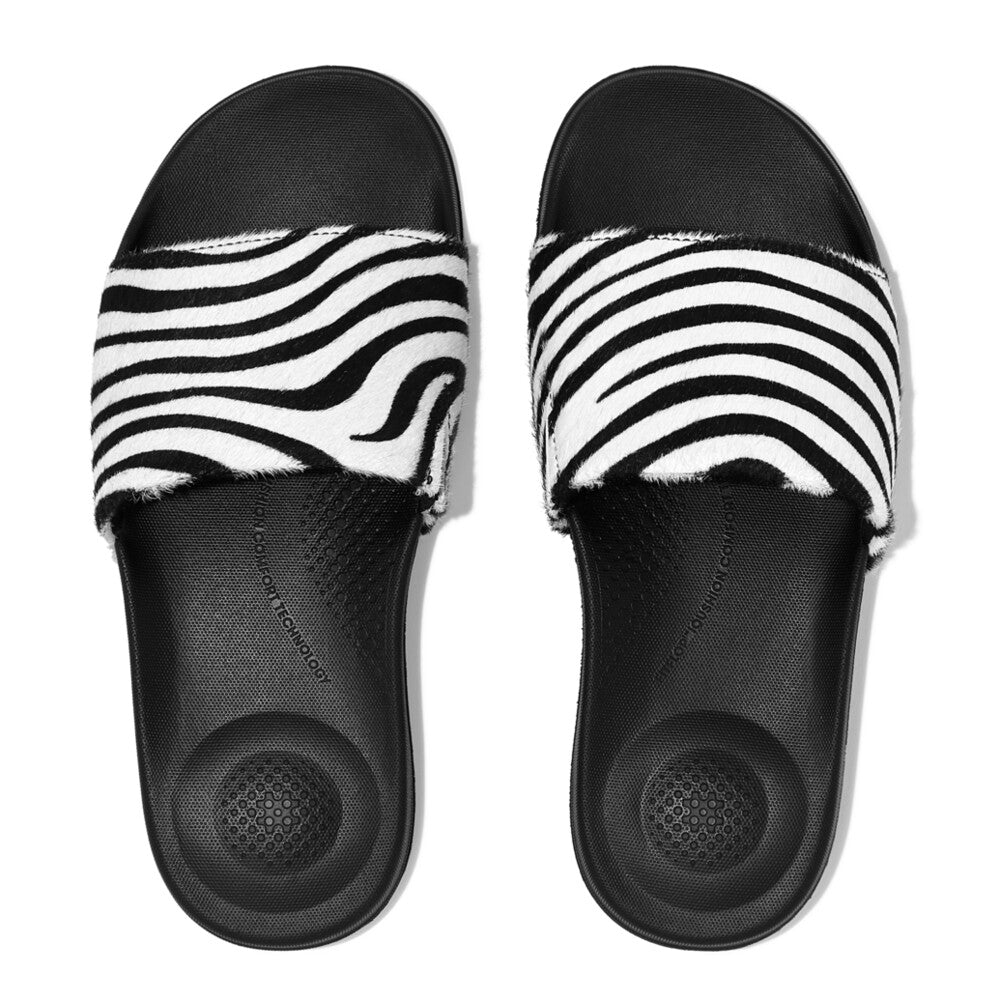FitFlop IQUSHION Zebra-Print Hair-On Leather Slides - Zebra (FE1-A13 ...